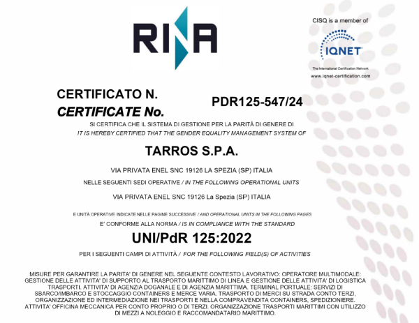 Il Gruppo Tarros ottiene la certificazione UNI/PdR 125:2022 per la parità di genere - Messaggero ...